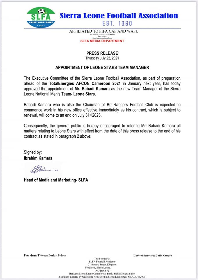 SLFA Appoints Bo Rangers Chairman, Babadi Kamara as Leone Stars Team ...