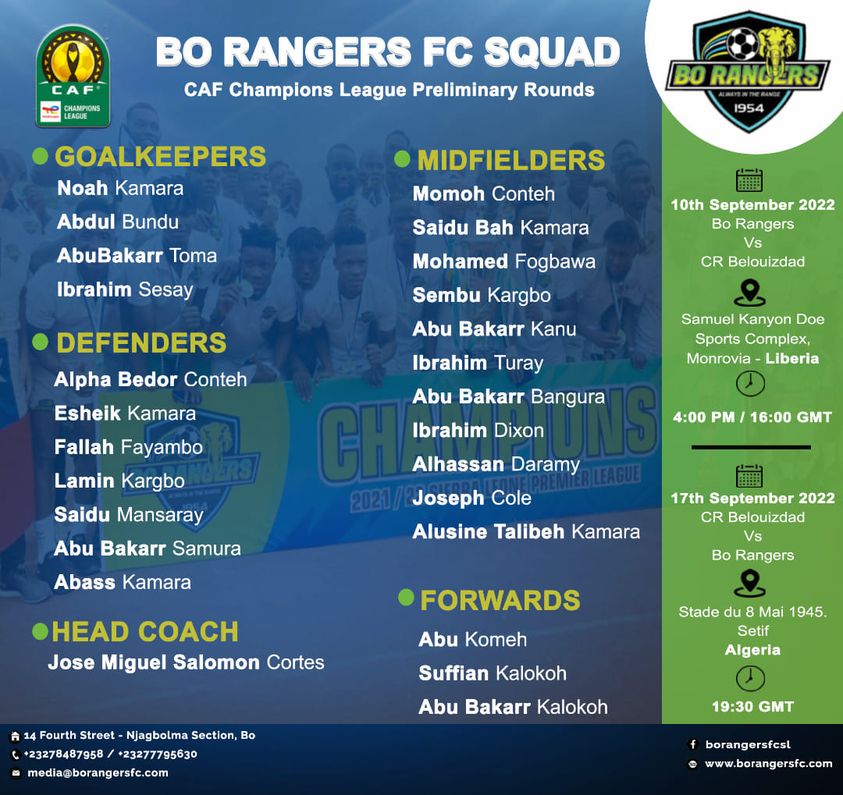Bo Rangers FC Releases Confirmed Squad Ahead of CAF Champions League ...