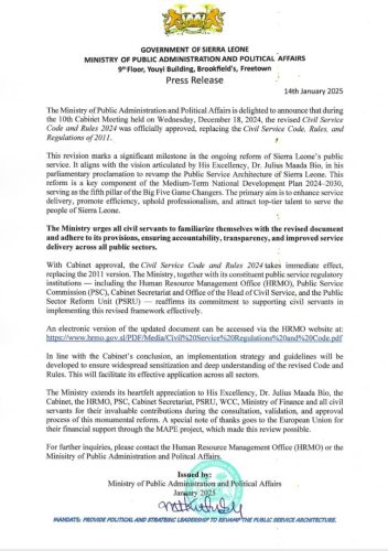 Government of Sierra Leone Approve 2024 Revised Civil Service Code and Rules
