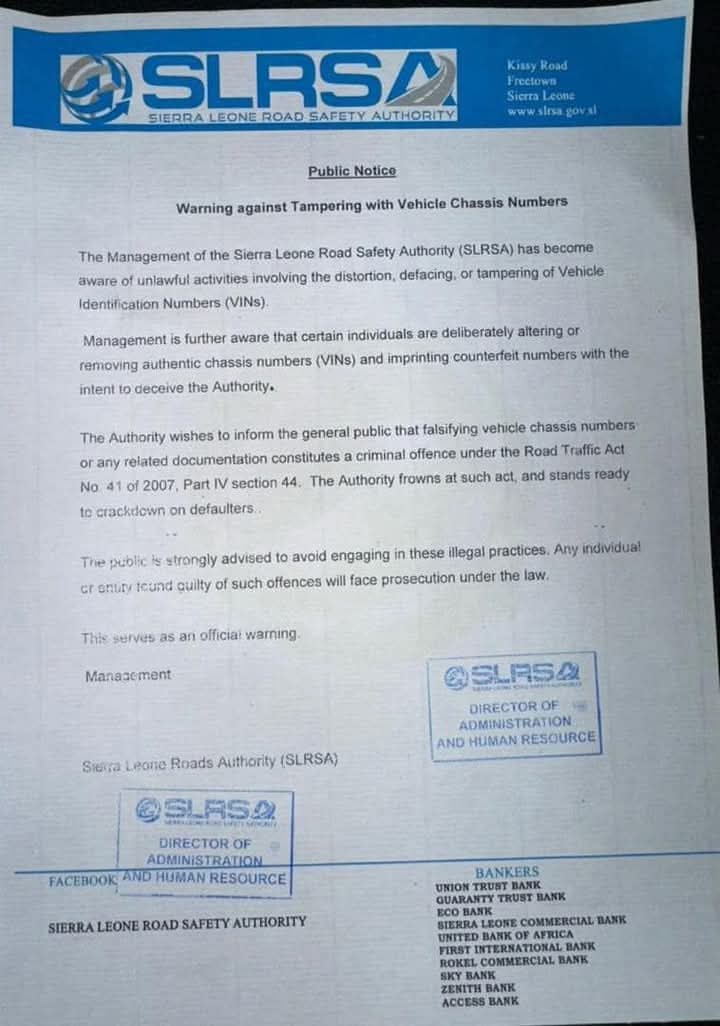 SLRSA Issues Warning to Citizens Against Tampering With Vehicle Chassis ...