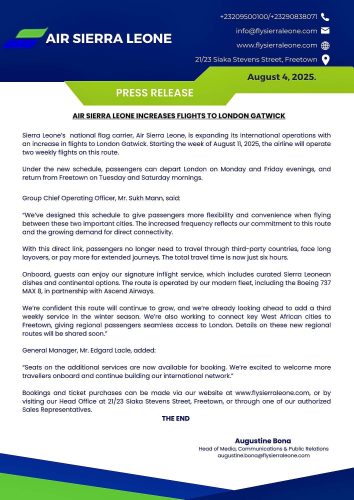 Air Sierra Leone Announces Increased Services to London with Extra ...